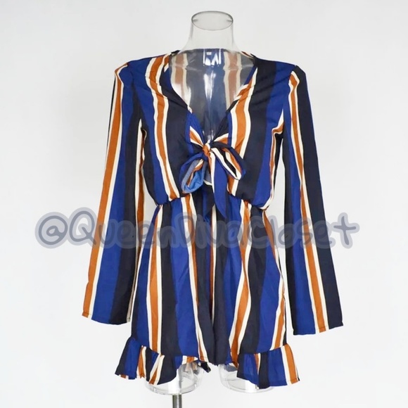 Pants & Jumpsuits | Blue Orange White Stripe Ruffle Long Sleeve Romper ...